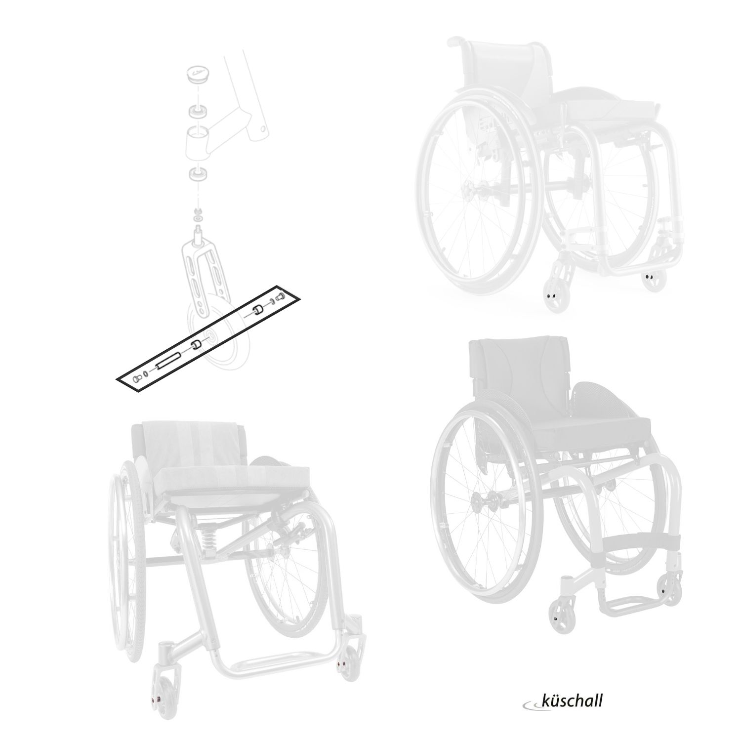 Kit essieu Complet pour roue avant Fauteuil Küschall INVACARE
